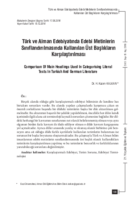 (PDF) Türk ve Alman Edebiyatında Edebi Metinlerin Sınıflandırılmasında Kullanılan Üst ...