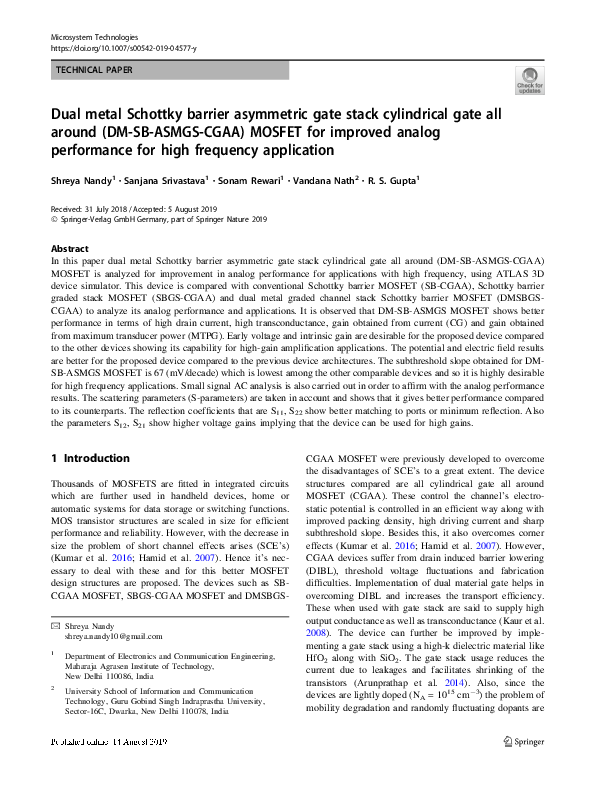 (PDF) Dual metal Schottky barrier asymmetric gate stack cylindrical ...