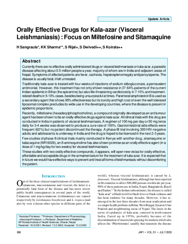 (PDF) Orally effective drugs for kala-azar (visceral leishmaniasis): focus on miltefosine and ...