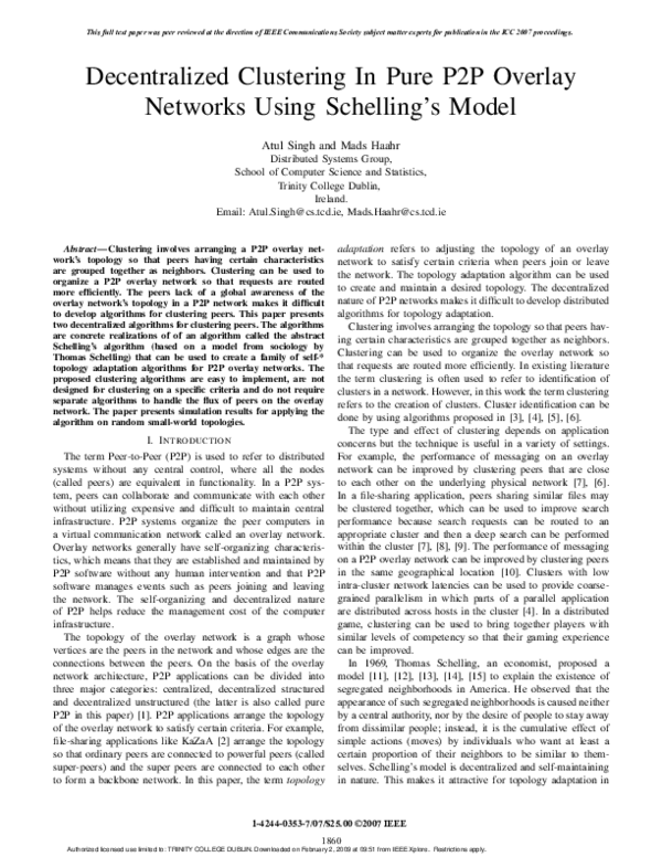 (PDF) Decentralized Clustering In Pure P2P Overlay Networks Using Schelling's Model | Mads Haahr ...