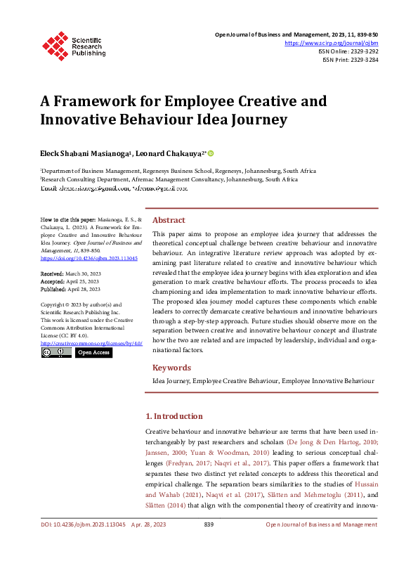 (PDF) A Framework for Employee Creative and Innovative Behaviour Idea ...