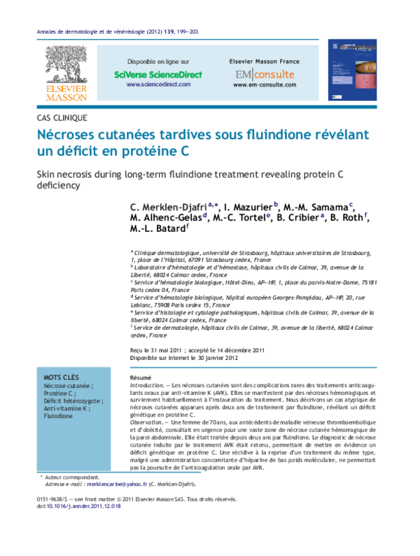 (PDF) Nécroses cutanées tardives sous fluindione révélant un déficit en ...