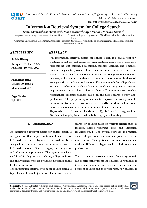 (PDF) Information Retrieval System for College Search