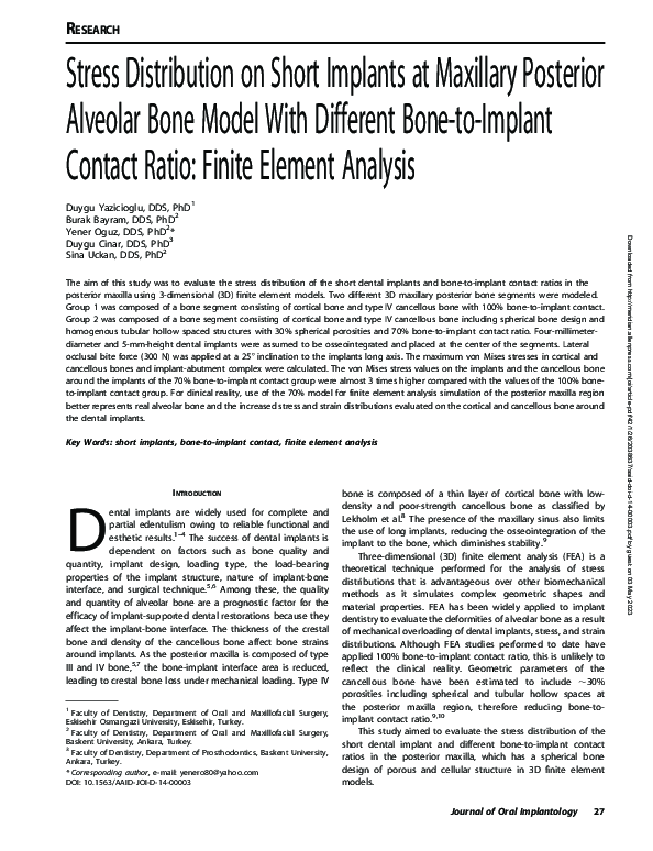 (PDF) Stress Distribution on Short Implants at Maxillary Posterior Alveolar Bone Model with ...