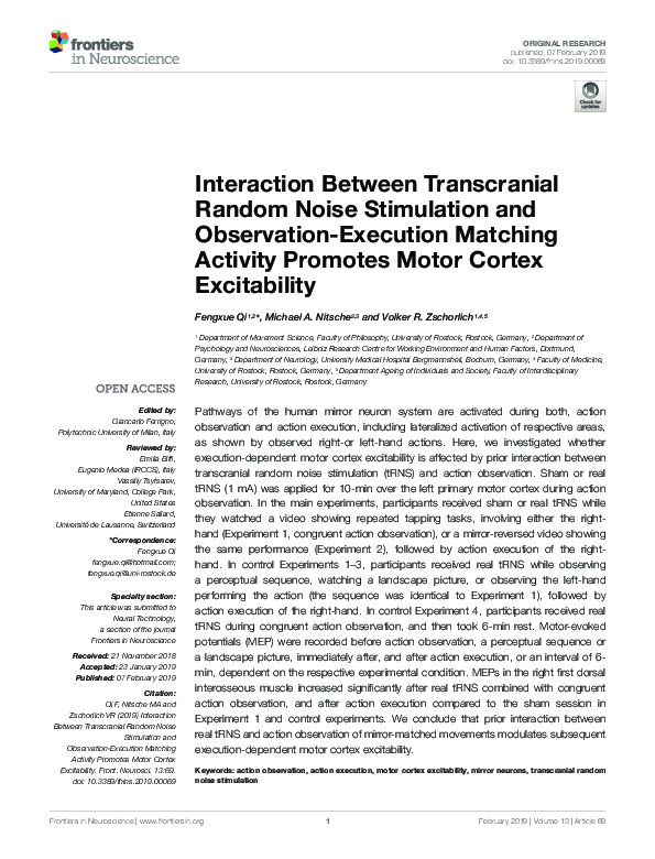 (PDF) Interaction Between Transcranial Random Noise Stimulation and Observation-Execution ...
