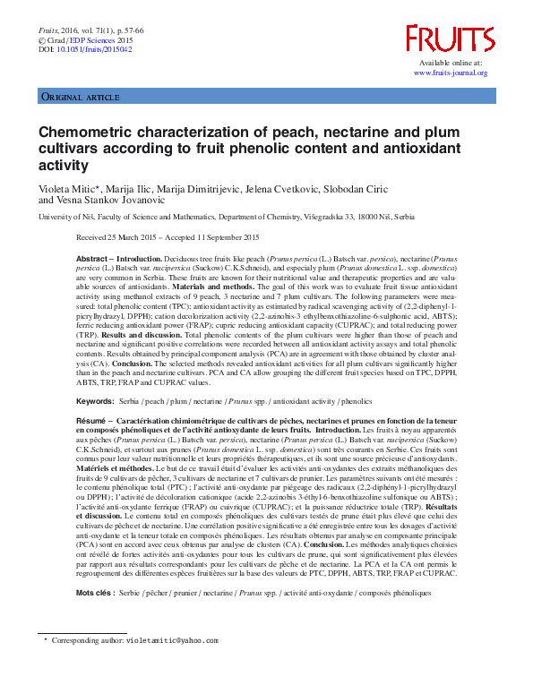 (PDF) Chemometric characterization of peach, nectarine and plum cultivars according to fruit ...