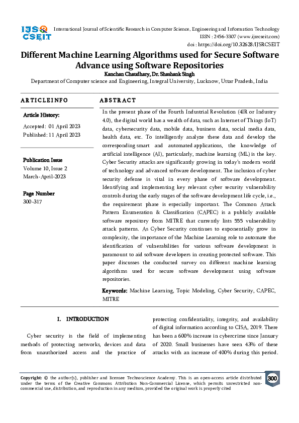 (PDF) Different Machine Learning Algorithms used for Secure Software ...