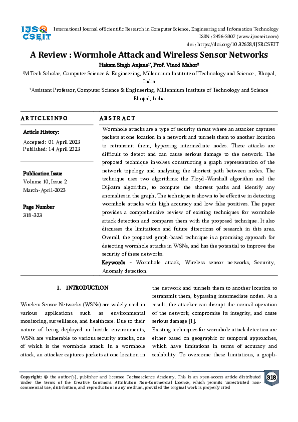 Pdf A Review Wormhole Attack And Wireless Sensor Networks
