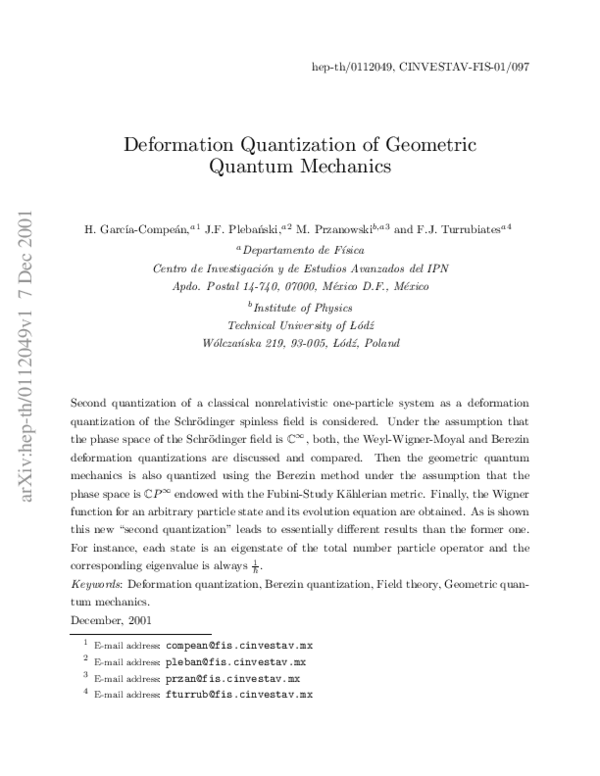 (PDF) Deformation quantization of geometric quantum mechanics