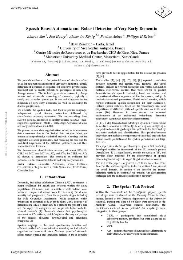 Pdf Speech Based Automatic And Robust Detection Of Very Early Dementia Alexandra Konig