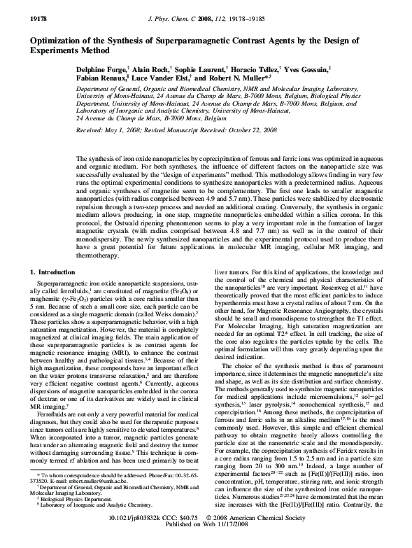(PDF) Optimization of the Synthesis of Superparamagnetic Contrast Agents by the Design of ...