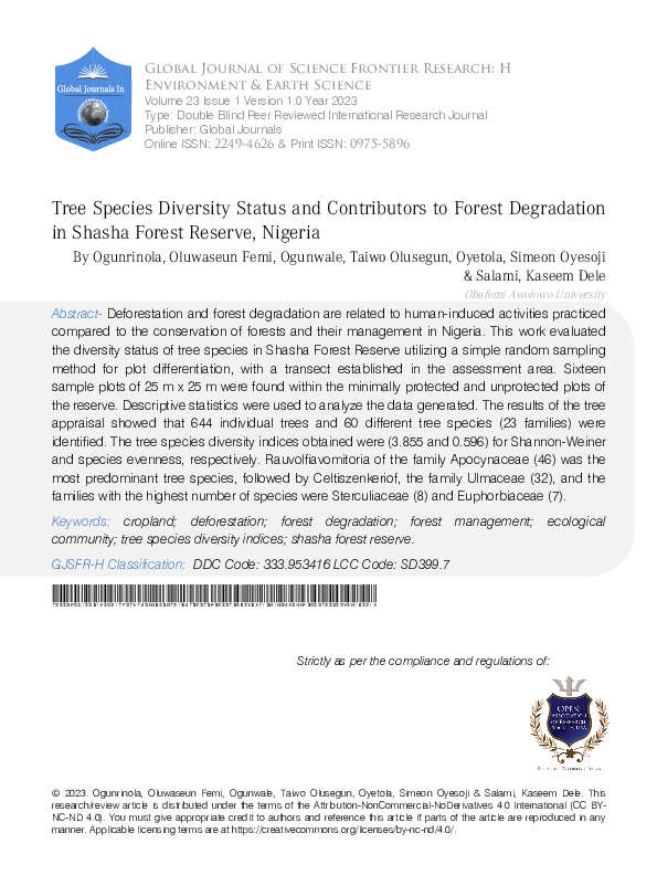 (PDF) Tree Species Diversity Status and Contributors to Forest ...