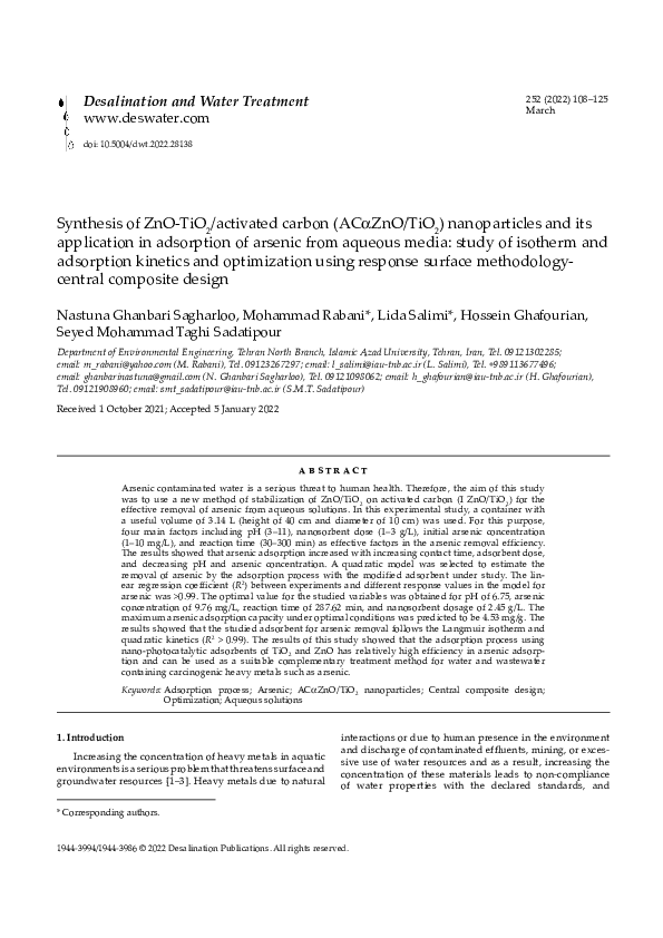 Pdf Synthesis Of Zno Tio2 Activated Carbon Acαzno Tio2 Nanoparticles And Its Application In