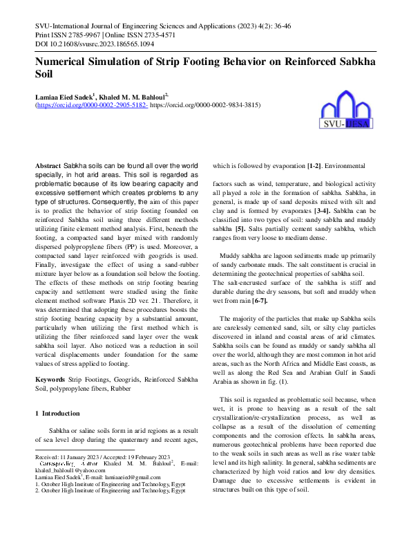 (PDF) Numerical Simulation of Strip Footing Behavior on Reinforced Sabkha Soil