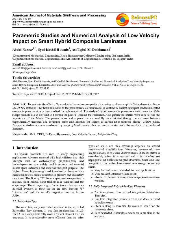 (PDF) Parametric Studies and Numerical Analysis of Low Velocity Impact on Smart Hybrid Composite ...