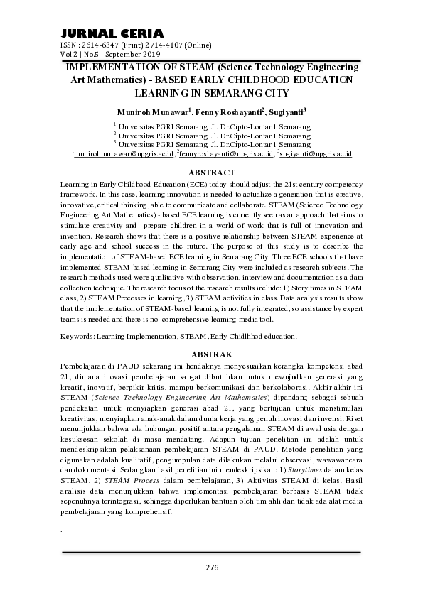 (PDF) IMPLEMENTATION OF STEAM (Science Technology Engineering Art Mathematics) - BASED EARLY ...