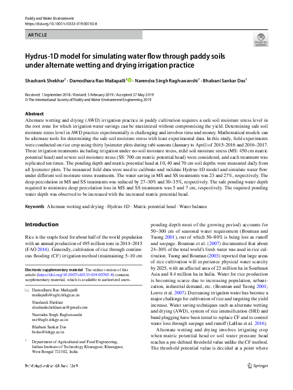 (PDF) Hydrus-1D model for simulating water flow through paddy soils ...