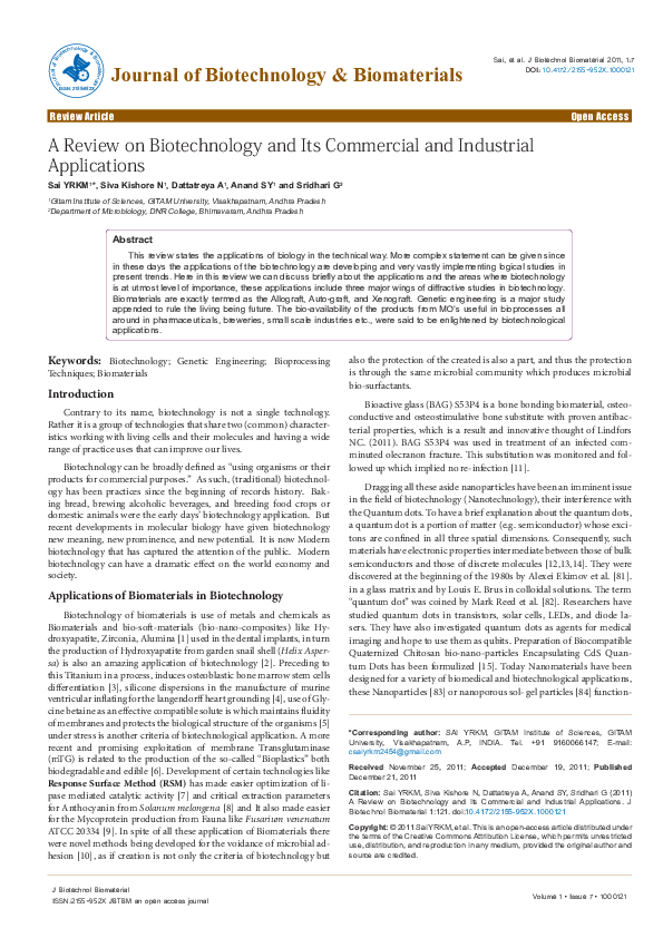 (PDF) A Review on Biotechnology and Its Commercial and Industrial ...