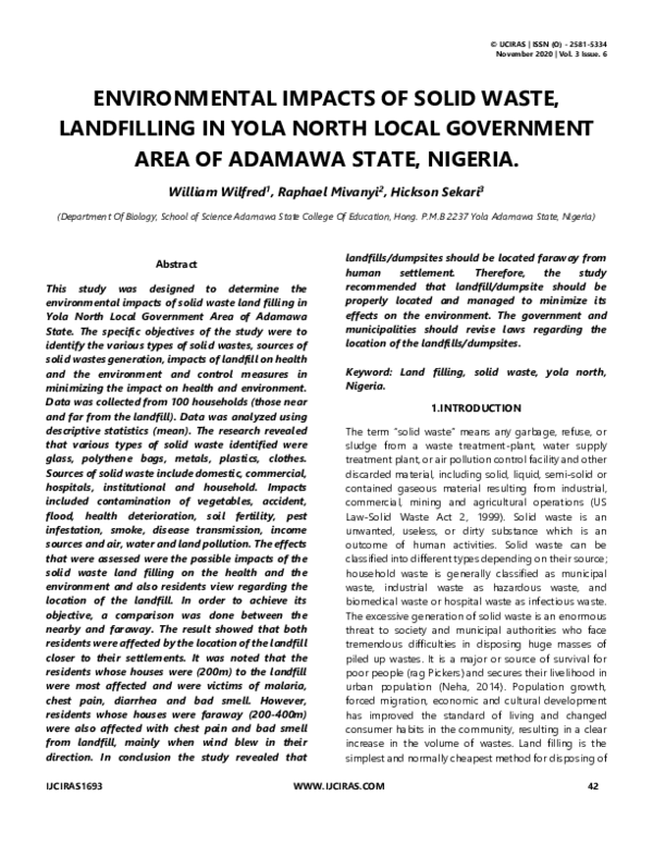 (PDF) Environmental Impacts of Solid Waste, Landfilling in Yola North ...