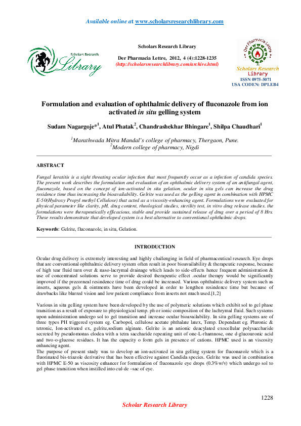Pdf Formulation And Evaluation Of Ophthalmic Delivery Of Fluconazole From Ion Activated In
