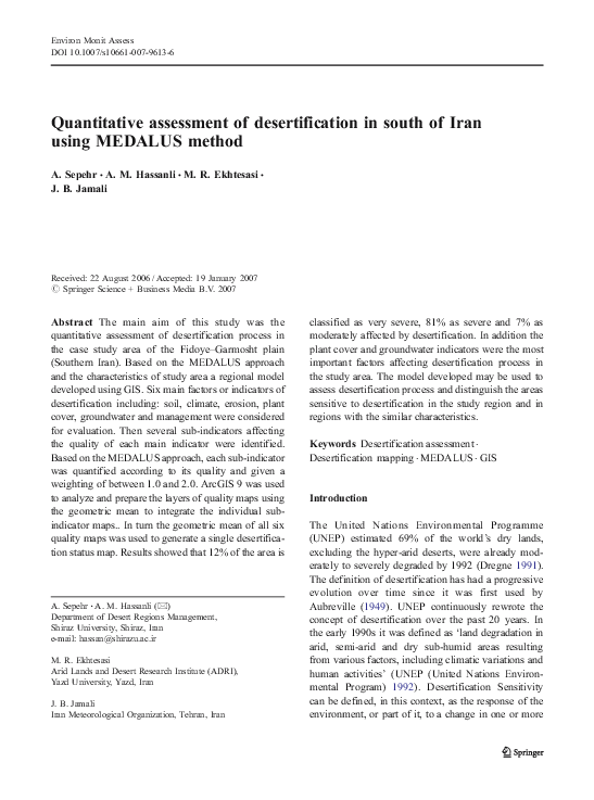 (PDF) Quantitative assessment of desertification in south of Iran using ...