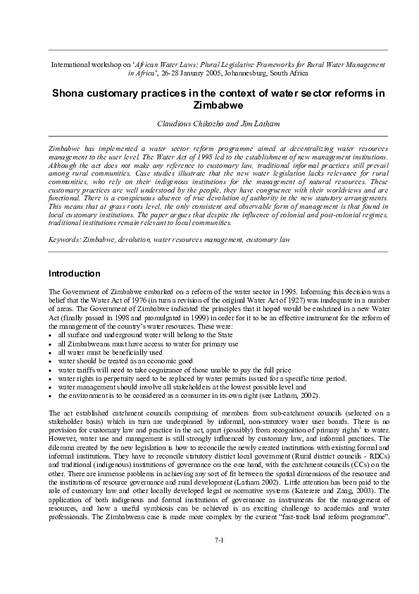 (PDF) Shona customary practices in the context of water sector reforms ...