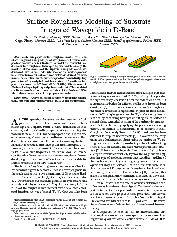 (PDF) Surface Roughness Modeling of Substrate Integrated Waveguide in D-Band