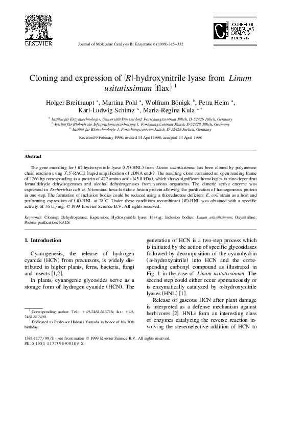 (PDF) Cloning and expression of (R)-hydroxynitrile lyase from Linum ...