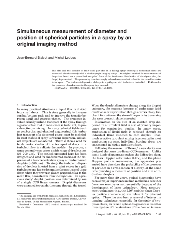 Pdf Simultaneous Measurement Of Diameter And Position Of Spherical Particles In A Spray By An