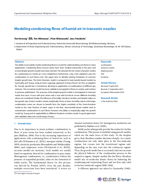 (PDF) Modeling condensing flows of humid air in transonic nozzles