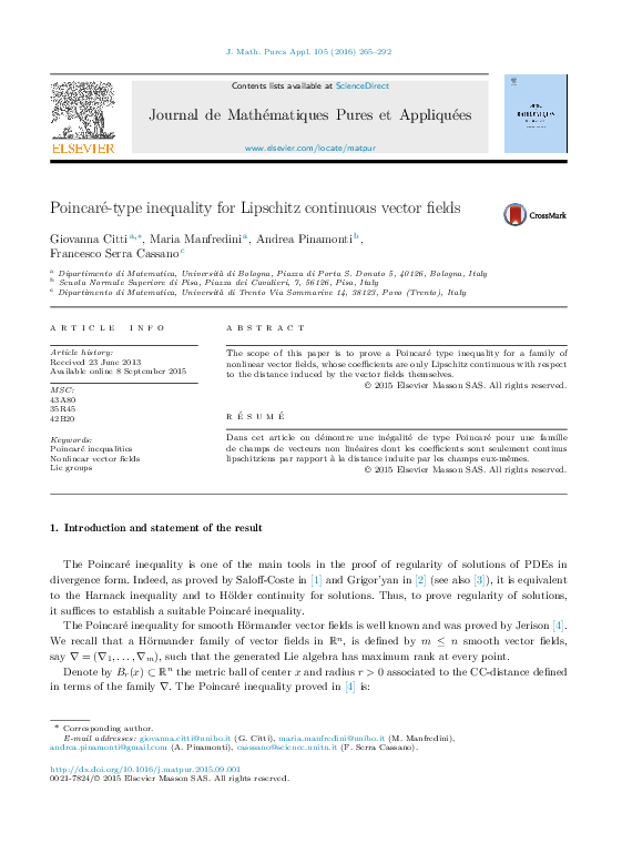 (PDF) Poincaré-type inequality for Lipschitz continuous vector fields