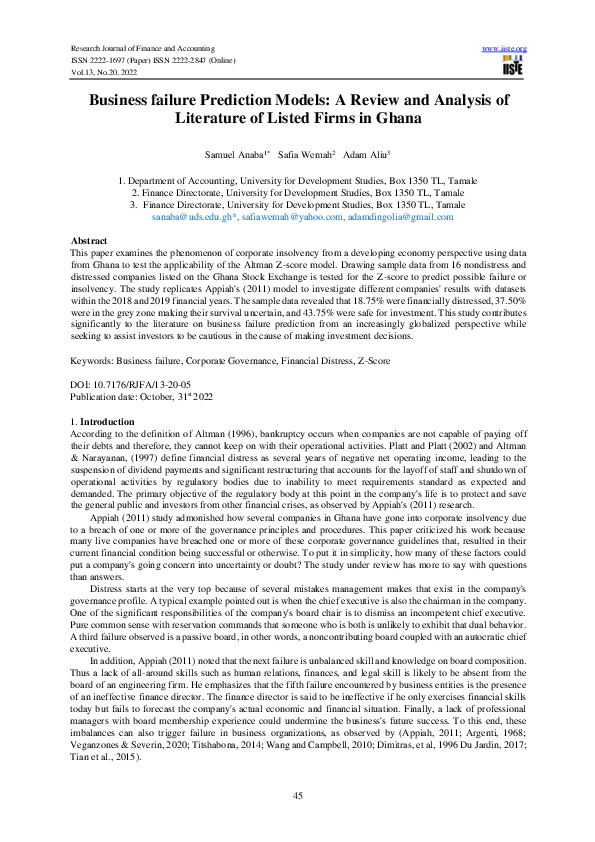 (PDF) Business failure Prediction Models: A Review and Analysis of ...