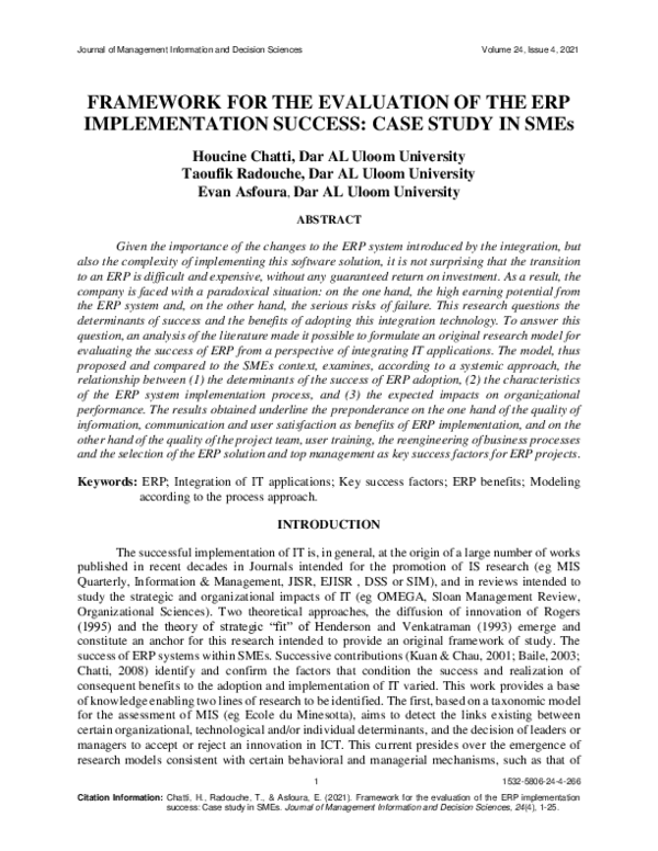 (PDF) FRAMEWORK FOR THE EVALUATION OF THE ERP IMPLEMENTATION SUCCESS: CASE STUDY IN SMEs