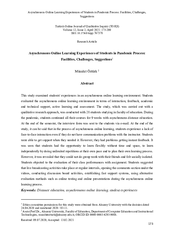 (PDF) Asynchronous Online Learning Experiences of Students in Pandemic Process: Facilities ...
