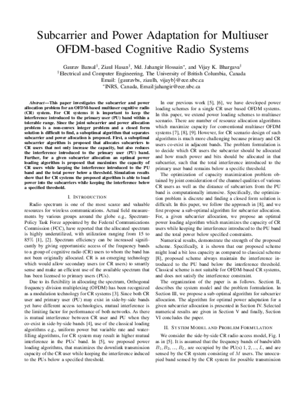 Pdf Subcarrier And Power Adaptation For Multiuser Ofdm Based Cognitive Radio Systems