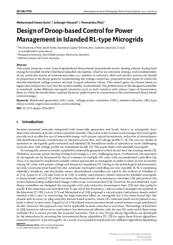 Pdf Design Of Droop Based Control For Power Management In Islanded Rl