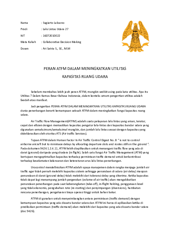(DOC) PERAN ATFM DALAM MENINGKATKAN UTILITAS KAPASITAS RUANG UDARA