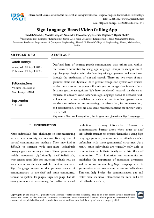 (PDF) Sign Language Based Video Calling App