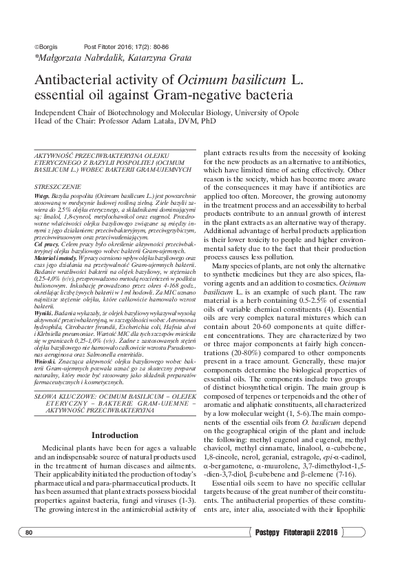 (PDF) Antibacterial activity of Ocimum basilicum L . essential oil against Gram-negative bacteria