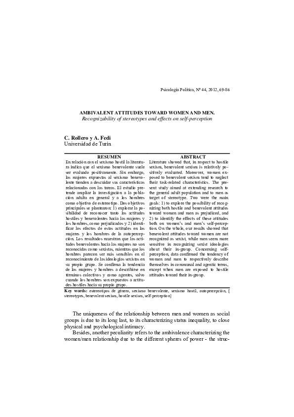 (PDF) AMBIVALENT ATTITUDES TOWARD WOMEN AND MEN. Recognizability of ...