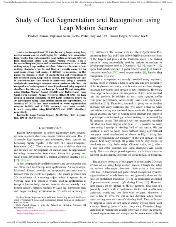(PDF) Study of Text Segmentation and Recognition Using Leap Motion Sensor