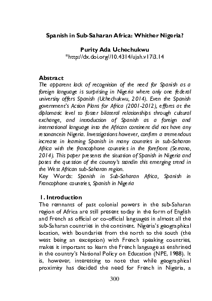 (PDF) Spanish in Sub-Saharan Africa: Whither Nigeria? Purity Ada Uchechukwu
