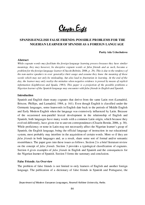 (PDF) SPANISH-ENGLISH FALSE FRIENDS: POSSIBLE PROBLEMS FOR THE NIGERIAN ...