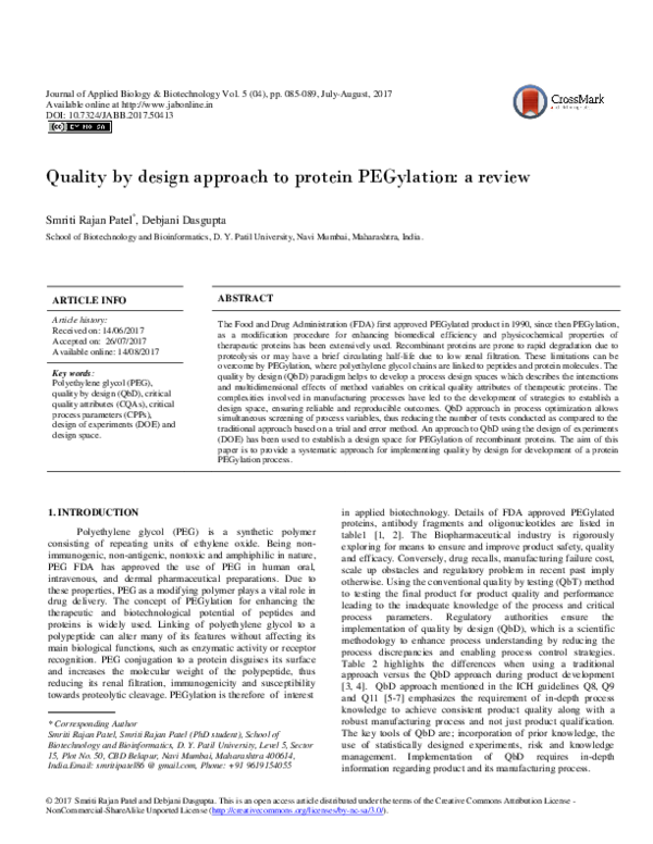 (PDF) Quality by design approach to protein PEGylation: a review