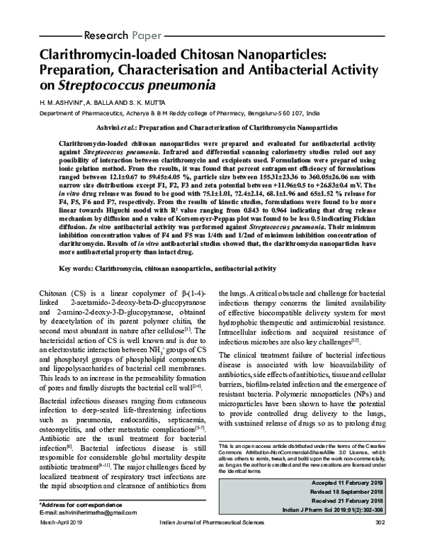 (PDF) Clarithromycin-loaded Chitosan Nanoparticles: Preparation, Characterisation and ...