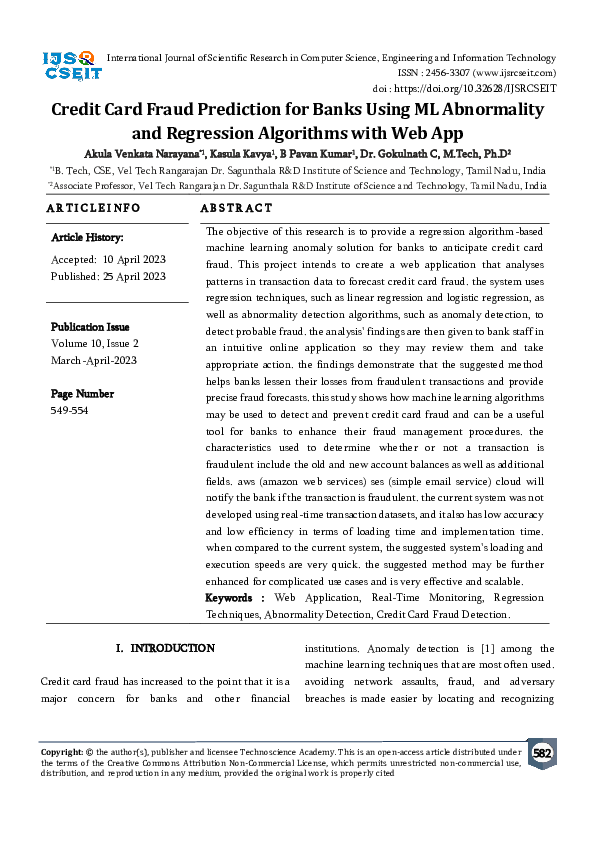 (PDF) Credit Card Fraud Prediction for Banks Using ML Abnormality and Regression Algorithms with ...