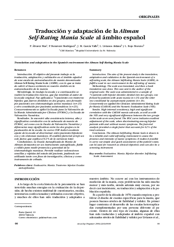 (PDF) Traducción y adaptación de la Altman self-rating scale al ámbito ...