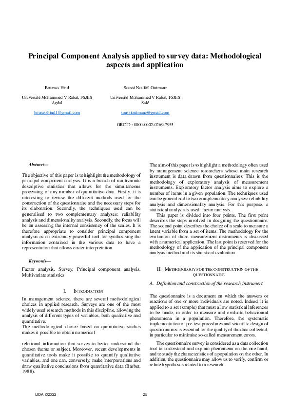 (PDF) Principal Component Analysis applied to survey data: Methodological aspects and application
