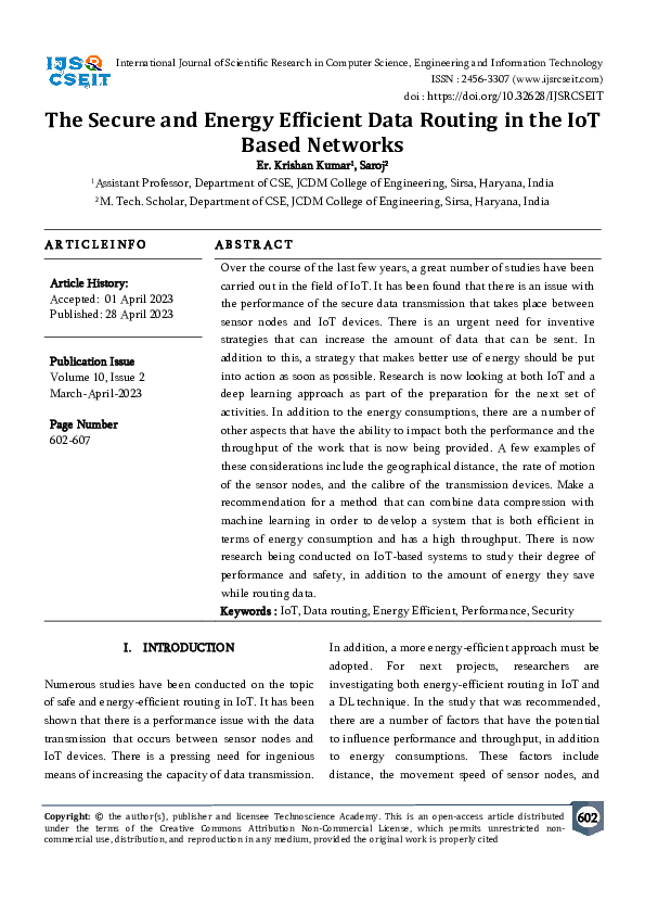 (PDF) The Secure and Energy Efficient Data Routing in the IoT Based Networks