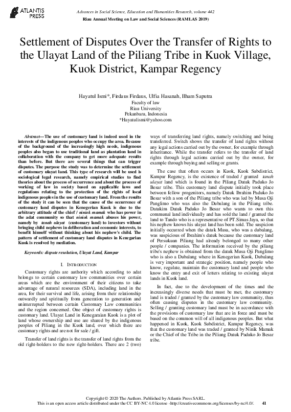 (PDF) Dispute Resolution for Ulayat Land of Piliang Tribe